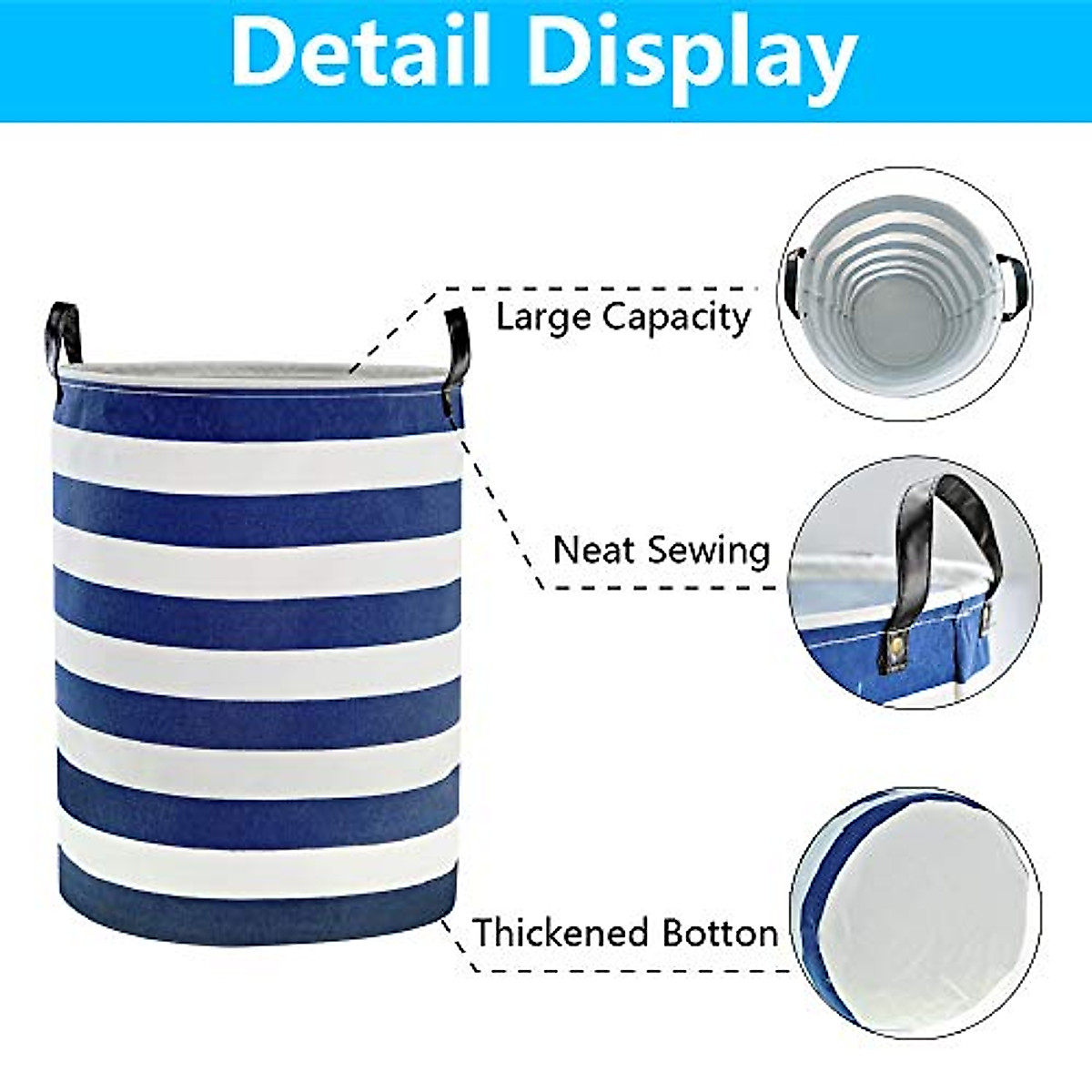 Large Nursery Laundry Basket, BigXwell 22 inch Tall Baby Laundry Basket Collapsible Hamper with Easy Carry Extended Sturdy Handles, Blue and White Thickened Canvas Kids Laundry Hamper for Storage
