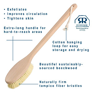 REDECKER Tampico Fiber Bath Brush with Oiled Beechwood Handle, 19-5/8-Inches - Bath Brush Long Handle for Shower - Body Brush with Natural Horse Hair, Made in Germany