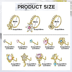 JOERICA 12 Pcs 20G Dangle Nose Rings for Women Nose Stud L Shaped Stainless Steel Nose Ring Hoops Butterfly Heart Moon Flower Evil Eye Crown CZ Dangling Nose Piercing Jewelry