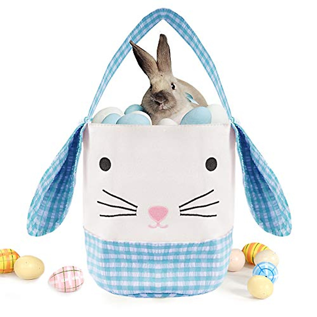 Easter Bunny Basket with Cute Ears, Easter Bunny Tote Bag for Kids Eggs Hunting, Candy and Gifts Carry Bucket at Easter Party (Blue)