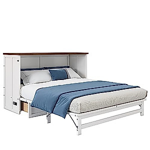 VilroCaz Modern Full Size Mobile Murphy Bed Chest with Built-in Charging Station and Big Storage Drawer, Traditional Solid Wood Murphy Cube Cabinet Bed Platform Bed for Small Room Guest Room Office