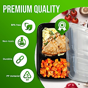 Fonteme 2 Compartment Meal Prep (50 Pack) Food Container with Airtight Lids | Easy Portion Control | Freezer & Microwave Safe Stackable BPA Free Plastic Rectangular Disposable Storage Container