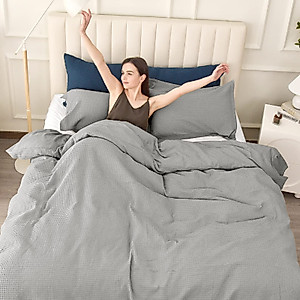 PHF Waffle Duvet Cover King Size, Ultra Soft Cotton Blend Comforter Cover Set, Comfy Breathable and Decorative Duver Cover Set with Pillow Shams Bedding Collection, 104"x90", Grey