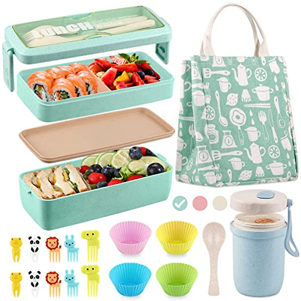 NatraProw Bento Box Adult Lunch Box with Bag, 2 layer Leakproof Lunch Box with Containers Included, BPA Free, Wheat Straw, BPA Free, Microwave Safe, Green