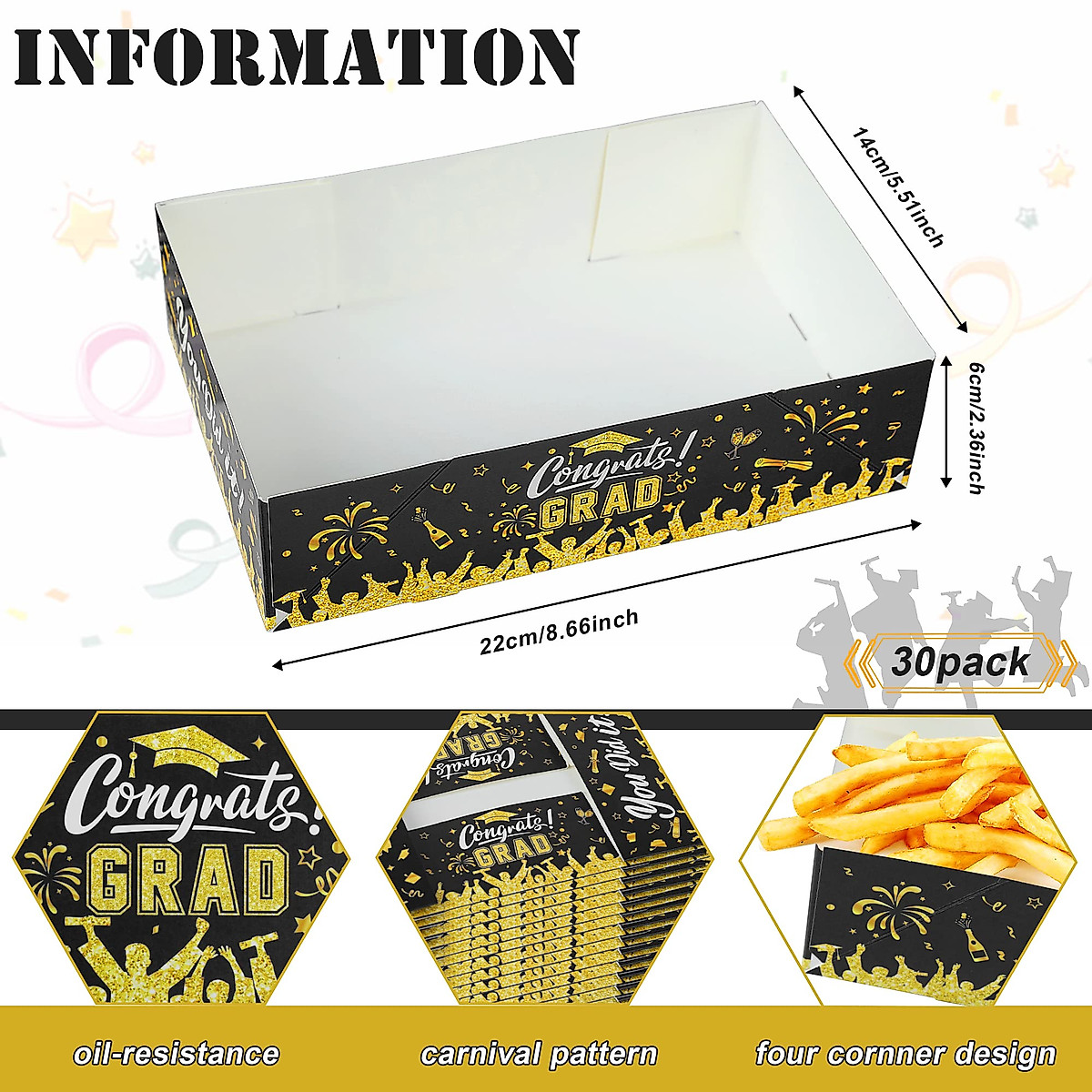 Disposable Food Trays 2023 Graduation Party Supplies Graduation Congrats Grad Paper Food Trays 30 Pcs Disposable Food Holders for Popcorn Nacho Black and Gold Graduation Party Decorations