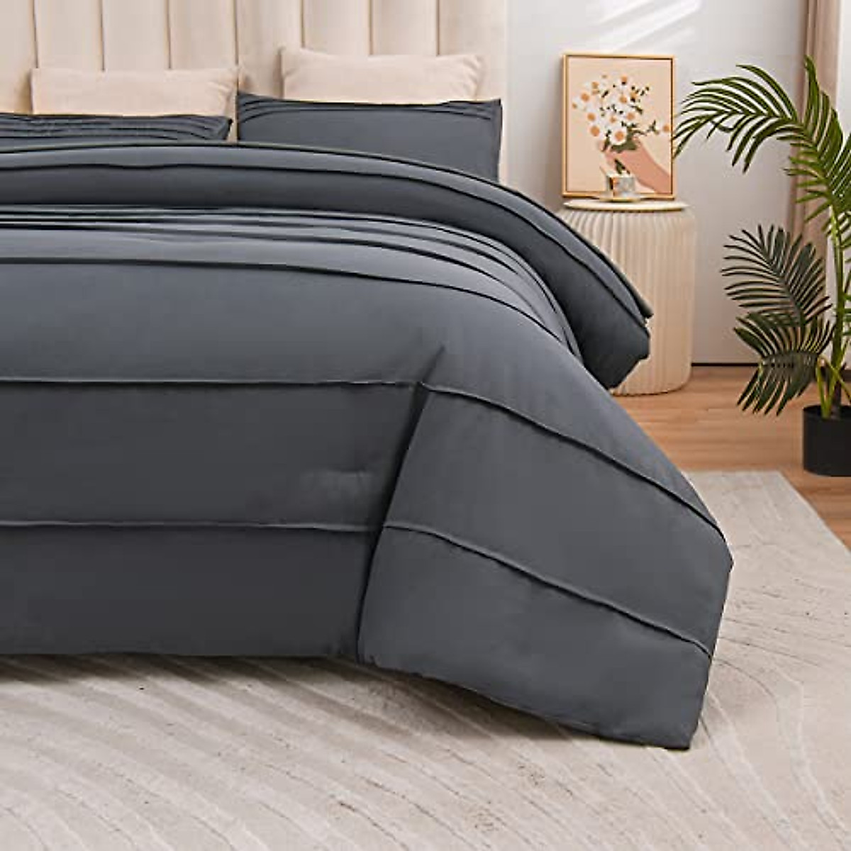 Holawakaka Grey Pleated Comforter Set with Sheets, Full/Queen Size Textured Striped Bedding Sets, Ruched Bed in A Bag 5pcs, Dark Grey