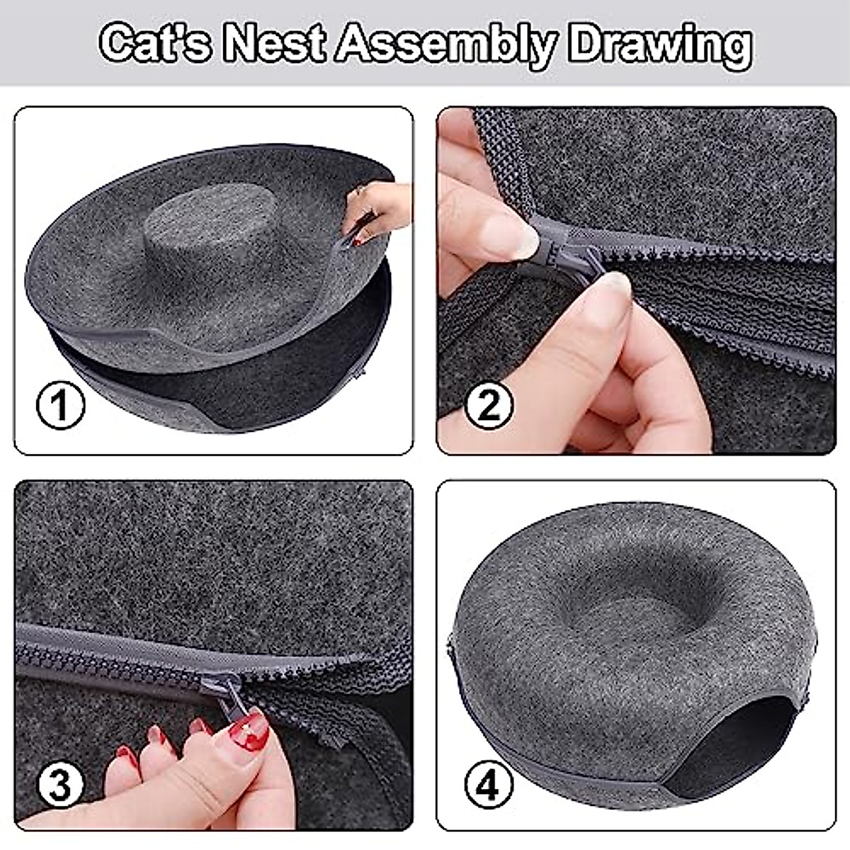 Bininl Cat Tunnel,Peekaboo Cat Cave Bed for Indoor Cats,Cat Donut Tunnel for Pet Cat House,Detachable Round Cat Felt & Washable Interior Cat Play Tunnel(24 Inch, Dark Grey)