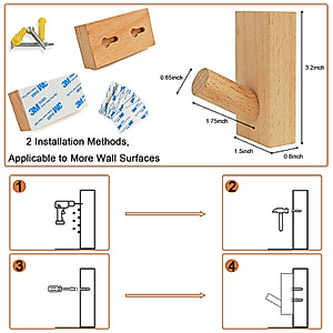 DINGEE Wall Hooks for Hanging Heavy Duty 6 Pack Wood Coat Hooks Wall Mounted, Adhesive Wall Hooks for Hat, Towel, Purse, Cloth, Plants, Bag,Natural Wooden Utility Hooks for Hanging