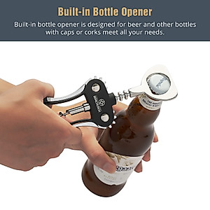 Manual Wine Opener - Multifunctional Zinc Alloy Premium Wing Corkscrew Wine Bottle Opener - Built-In Beer Cap Openers Accessories - Used In Kitchen, Restaurant & Bar (Black)