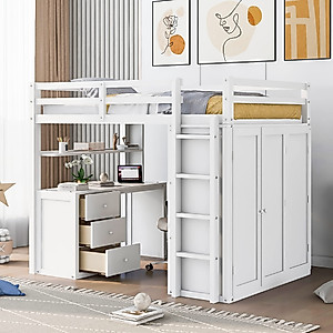 Merax Loft Bed Full Size Adult, Wooden Frame with Desk and Wardrobe, Storage Design with Drawers & Shelf, for Teen Girls & Boys(White)