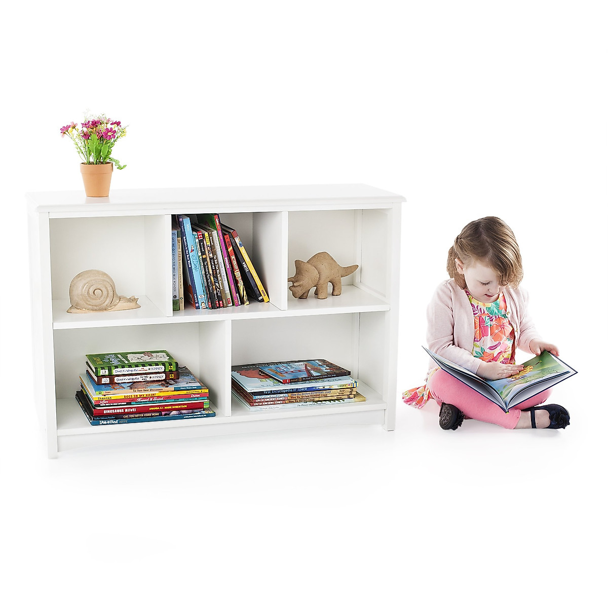 Guidecraft Classic White Bookshelf: Children's 5 Compartment Toy, Bin, Art, Clothes and Book Storage - Wooden Playroom and Bedroom Furniture For Kids