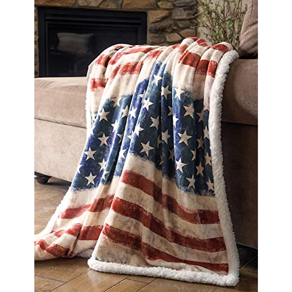 Carstens, Inc Carstens Wrangler Stars & Stripes USA American Flag Sherpa Fleece 54x68 Throw Blanket, 54" x 68", White