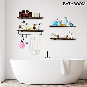 Vppiis Floating Shelves for Bedroom Bathroom, Nature Wood Wall Mounted Book Shelf, Wall Shelves Storage for Living Room Kitchen Office with Towel Rack and 2 Hooks Set of 4