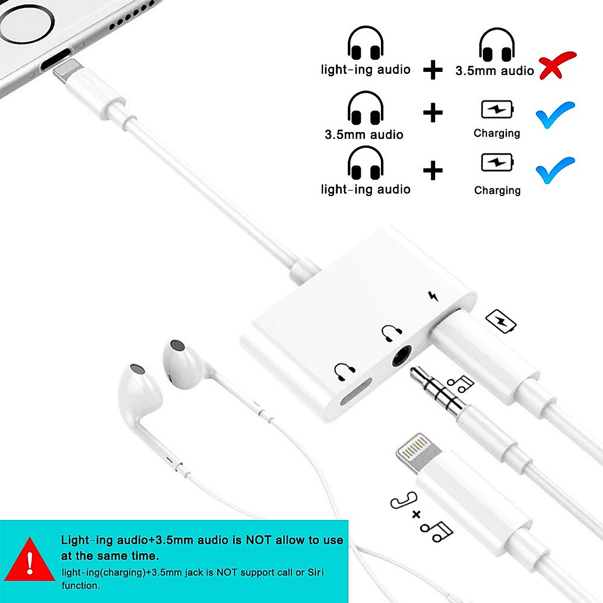 Anytrox 3 in 1 Headphone Adapter for iPhone,3.5mm Earphone Aux Audio and Charge Adapter Splitter Compatible for iPhone 14 13/12Pro/11/X/8 and iPad(White)