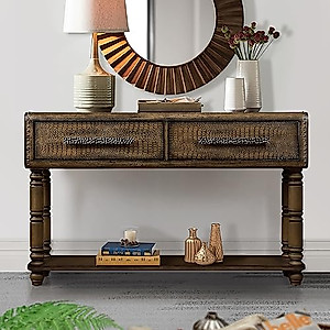 Tidyard Retro Sofa Table, 54 inch Pine Wood Console Table with 2 Power Outlets and 2 USB Ports Sofa and Couch End Table for Entryway, Foyer, Living Room, Bedroom Furniture