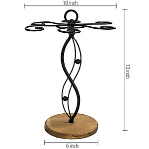 MyGift Black Metal Countertop Wine Glass Holder with 6 Hooks, Tabletop Stemware Display Rack with Burnt Wood Base - Holds 6 Wine Glasses