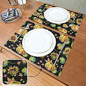 Autumnof Pumpkins Sunflowers Leaves Branches Placemats Set of 6, Double Sides Printing Place mats for Kitchen Dining Table Non-Slip Decorative Table Mat Washable