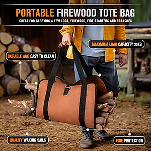 Firewood Carrier + Fire Poker + Fireplace Tongs - Fire Pit Tools for Indoor and Outdoor Use, Log Carrier for Firewood, 32 Inch Fire Poker, 26 Inch Fire Tongs, Fireplace Tools