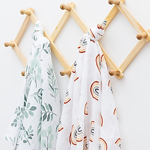 Organic Swaddle Blanket and Hat Set - Boho Baby Receiving Blanket Neutral - Soft Organic Cotton and Bamboo Muslin Swaddle Blanket, Eucalyptus Leaves, Birth Announcement Card, 47" x 47"