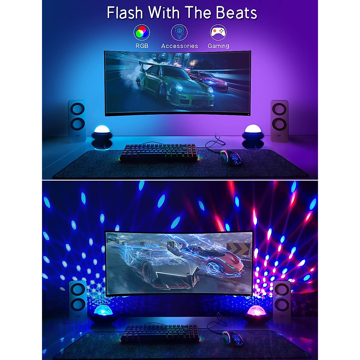 Ljnyiwan 2 PCS Gaming Lights, RGB Lighting with Music Sync, Gamer Gifts, Gaming Room Decor, Multiple Colors 2-in-1 Effect LED Lights