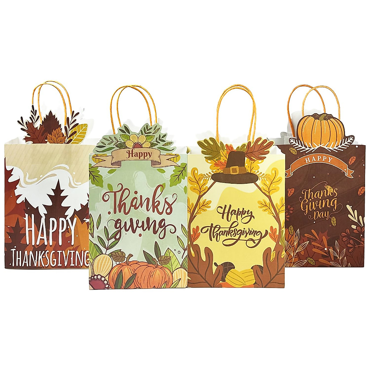 qiqee 24-Packs Thanksgiving Paper Gift Bags with Handles Bulk 8.26×6×3.15 Inch Pumpkin Gift Bags Multiple Uses (Small Size)
