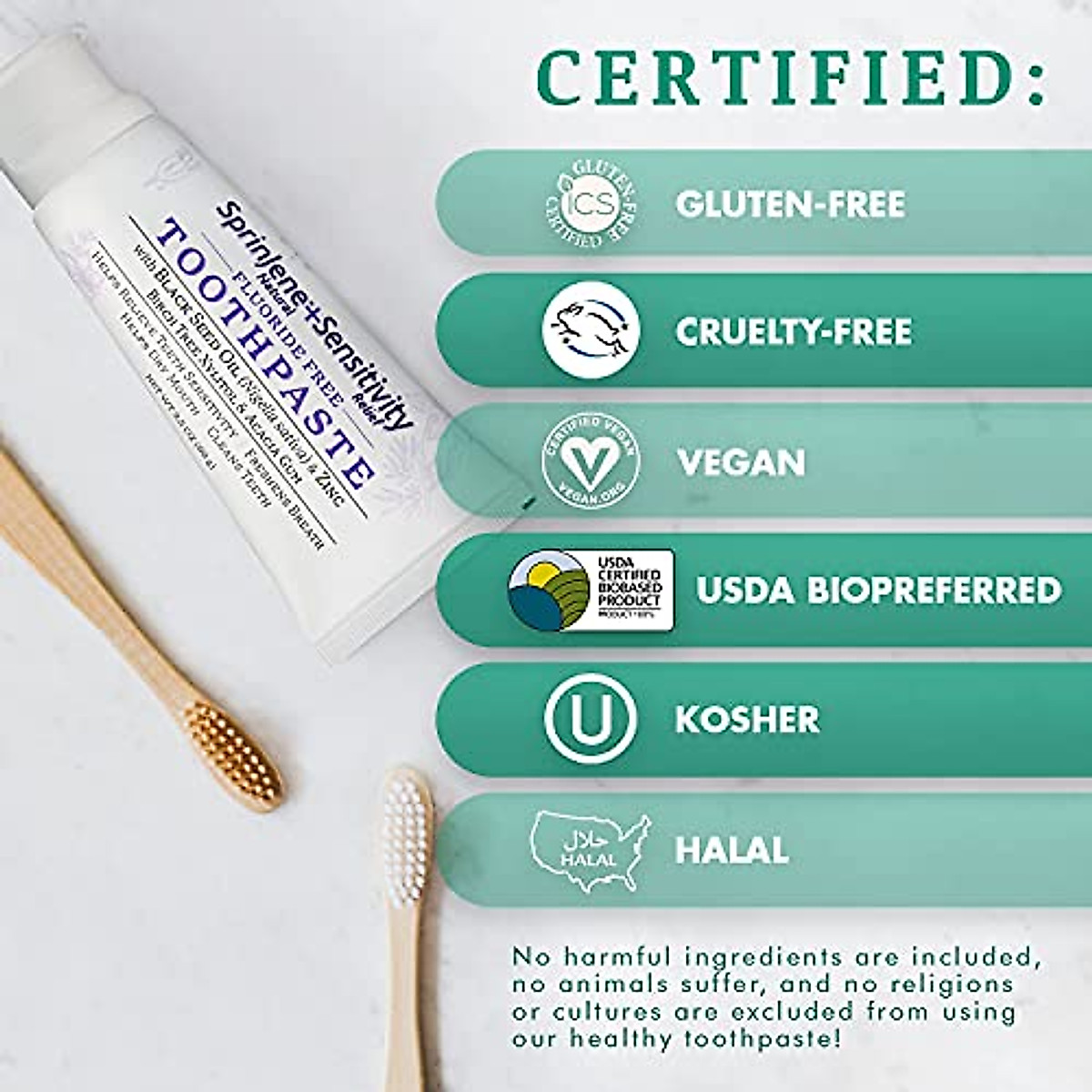 Sprinjene Fluoride Free Toothpaste for Sensitive Teeth & Gum Fresh Breath Helps Dry Mouth Natural Non Fluoride Toothpaste for Adult SLS Free, Toxic Preservative Free with Black Seed Oil & Zinc 2 Pack