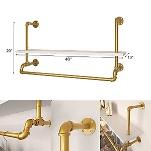 HOMEKAYT Industrial Pipe Clothing Rack Wall Mounted Gold Clothes Rack with Wooden Shelf Vintage Hanging Rack for Bedroom, Living room