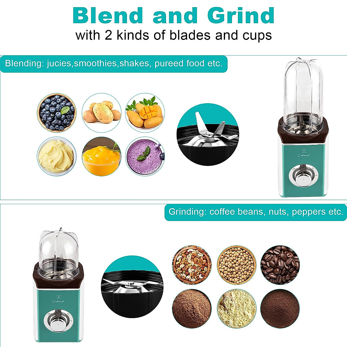 COKUNST Blenders for Shakes and Smoothies, 4 Blades Personal Blenders for Kitchen, Smoothie Blender and Grinder with 2 Blades, 10Oz & 17Oz Blender Cups, Countertop Blender for Fruits Protein Drinks