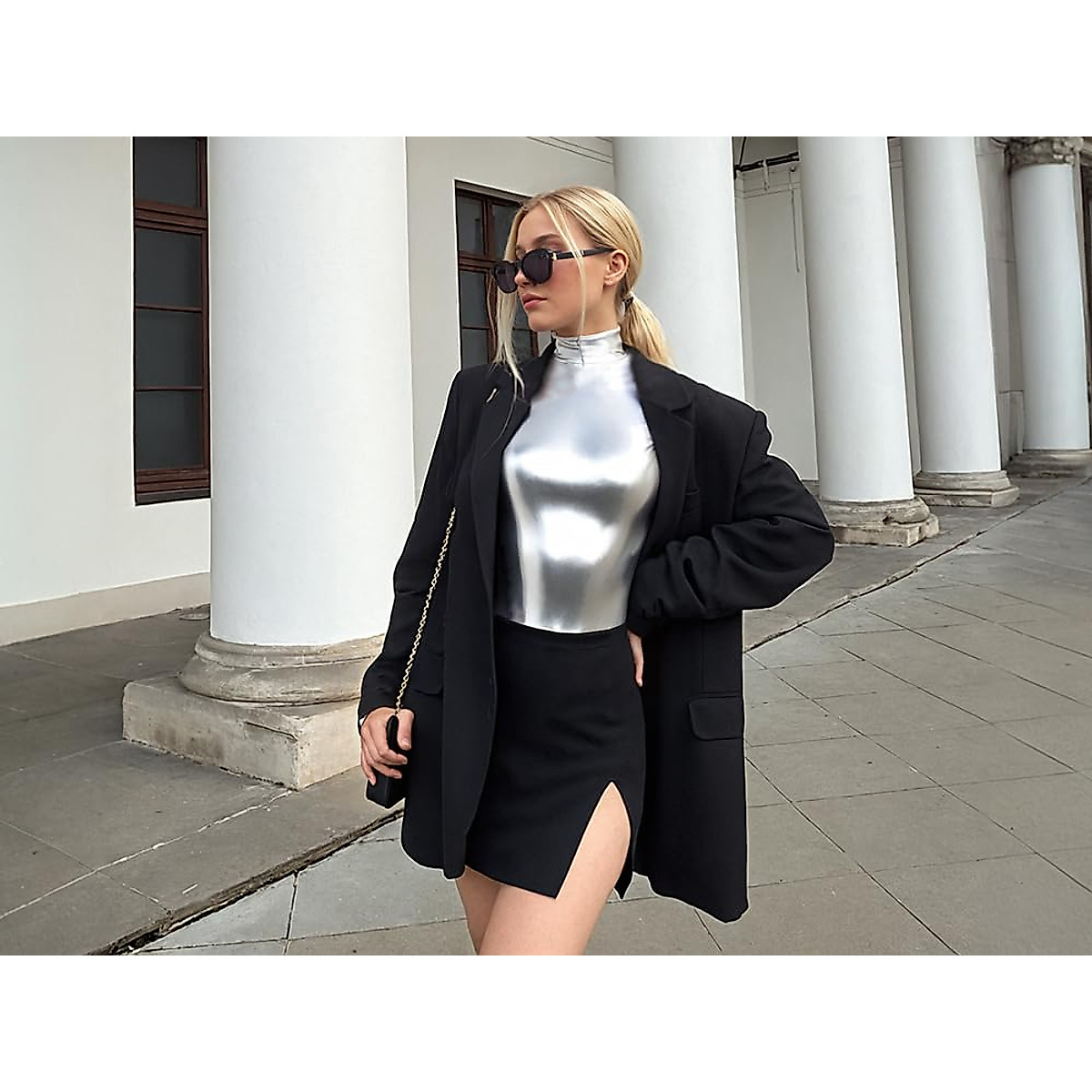 Javly Women's Sleeveless Turtleneck Metallic Dance Leotard Shiny Spandex Mockneck Bodysuit Halloween CustumesSilver S…