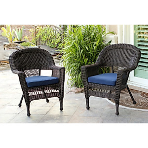 Jeco Wicker Chair with Blue Cushion, Set of 2, Espresso/