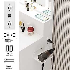 LIKIMIO Vanity Desk with LED Lighted Mirror & Power Outlet & 4 Drawers, Makeup Table Set with Storage Stool and Hair Dryer Stand, White