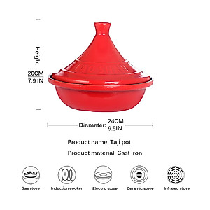 Cast Iron Moroccan Tagine with Gloves Enameled Base and Cone-Shaped Lid Slow Cooker Tagine Pot Non-Stick Pot Without Lead Cooking Pot Good for Baking and Frying, Oven and Dishwasher Safe (A,Red)