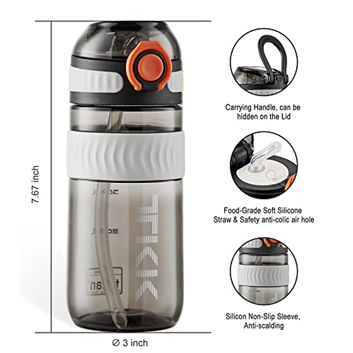 TKK 18oz Kids Water Bottles with Straw Lid & Carry Handle, Pop Button BPA Free Leak Proof Water Bottle for School, Black-NEW