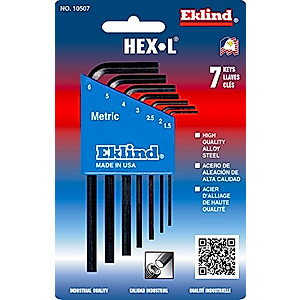 EKLIND 10507 Hex-L Key allen wrench - 7pc set Metric MM sizes 1.5-6 Short series