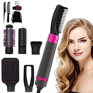 5 in 1 Styling Hot Air Brush with Negative Ion - Detachable and Interchangeable Bristles for Straightening, Curling, Drying, Combing, and Scalp Massage - Heat Brush with Glove