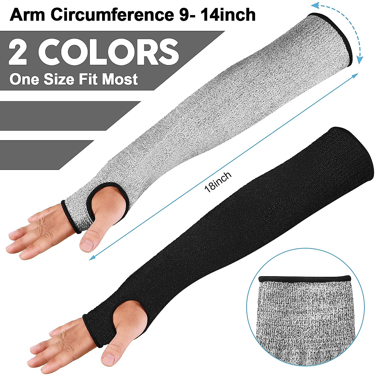 JaGely 6 Pairs Level 5 Cut Resistant Sleeves with Thumb Hole 18 Inches Arm Protection Sleeve Farmer Gardening (Black, Gray)