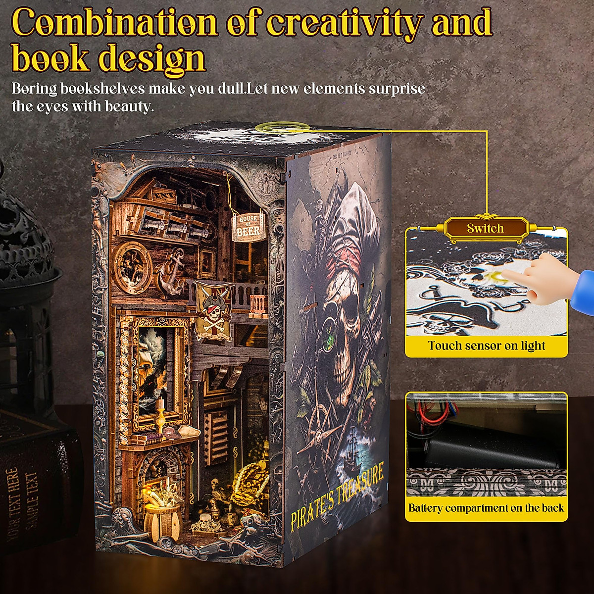 Wimlade Book Nook Kits for Adults, 3D Pirate Ship Puzzle DIY Miniature House Kit for Bookshelf Insert Decor, Wooden Puzzles for Adults with LED Lights, Halloween/Christmas Gifts for Adults and Teens