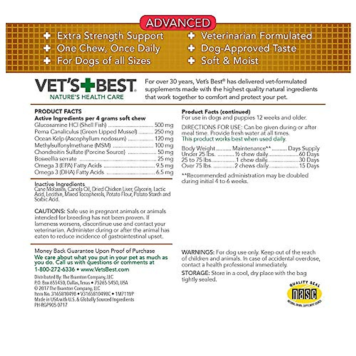 Vet's Best Hip & Joint Soft Chew Dog Supplements | Formulated with Glucosamine & Chondroitin to Support Dog Joint & Cartilage Health | 30 Day Supply