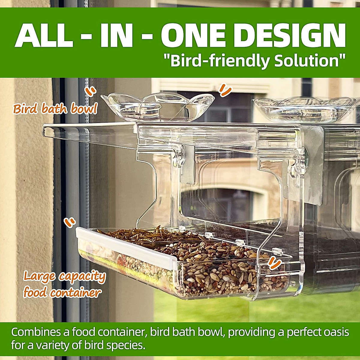 WENMIXER Window Bird Feeder with Non-Marking Self-Adhesive Hooks, Clear Window Bird Feeder for Outside, Transparent Bird House, Outdoor Bird Feeders, Wild Bird Watching Gift, Garden Decor