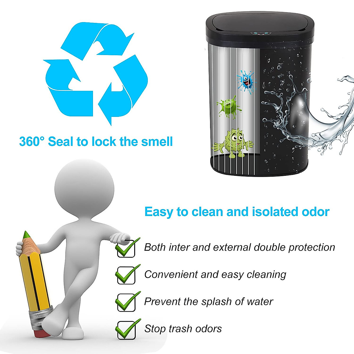 13 Gallon Touch Free Automatic Stainless Steel Trash Can Garbage Can Metal Trash Bin with Lid for Kitchen Living Room Office Bathroom, Electronic Motion Sensor Automatic Trash Can - Black