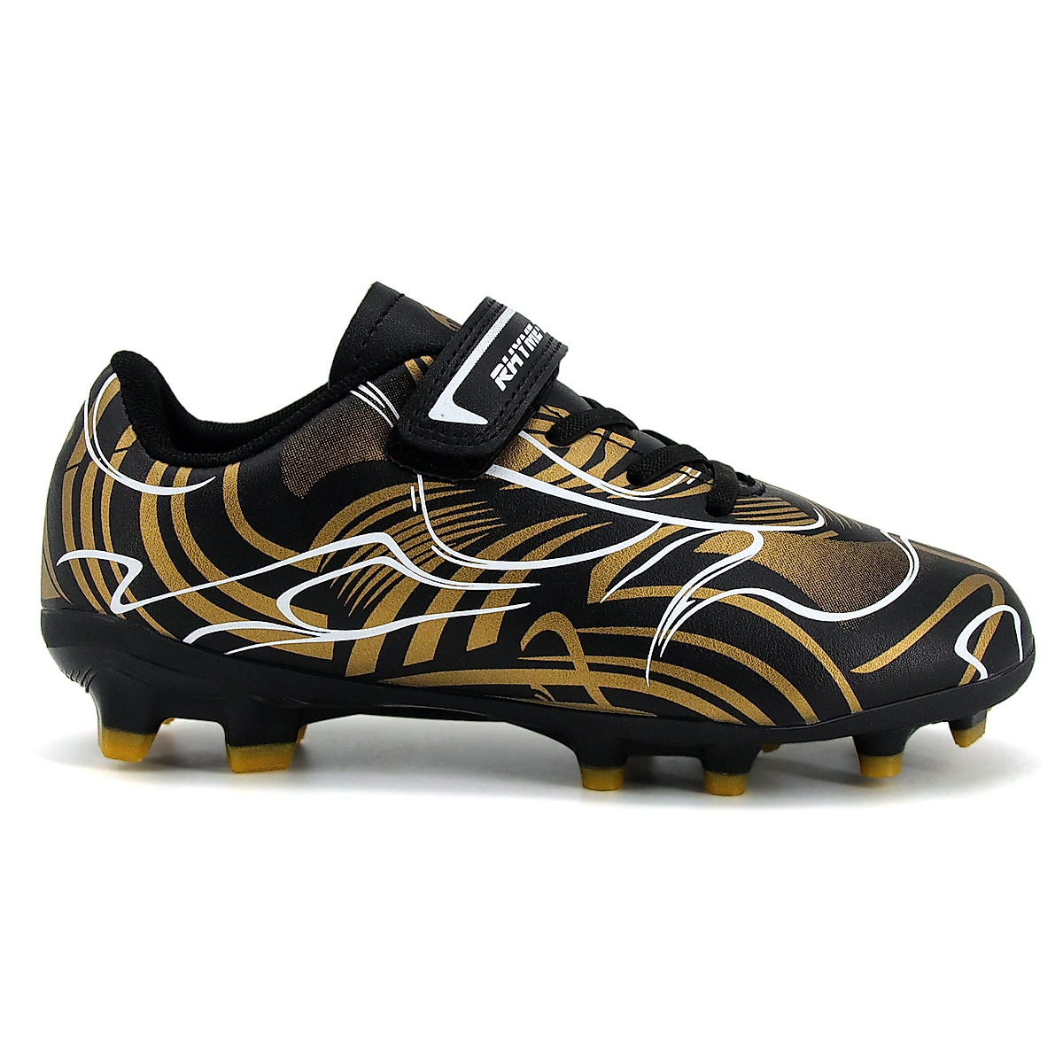 Rhyme-Zeal Girls Cleats Soccer Boys Soccer Shoes Firm Ground Professional Football Shoes Black Gold 3.5 Big Kids
