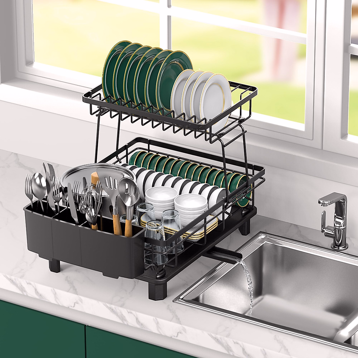 ROTTOGOON Large Dish Drying Rack, 2-Tier Stainless Steel Dish Racks for Kitchen Counter, Durable Dish Drainer with Drainboard, Drainage, Utensil Holder for Various Kitchenware, Black