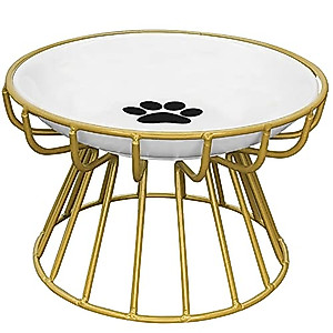BNOSDM Raised Cat Dish Ceramic Shallow Cat Bowl with Gold Stand Elevated Pet Food Plate for Indoor Cat Kitten Small Dogs