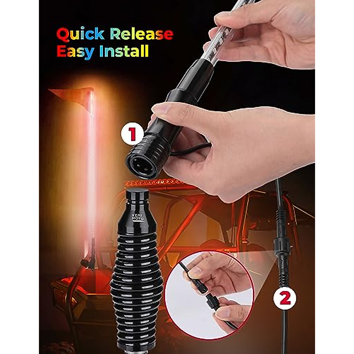 KEMIMOTO 5FT 2PCS LED Whip Lights with Spring Bases for UTV ATV, 22 Modes 21 Colors 5 Brightness 10 Speed IP67 Waterproof Wireless Control, compatible with Can Am Maverick X3 Polaris RZR Kawasaki SxS
