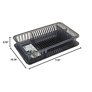 Kitchen Details Medium Dish Rack with Tray | Plastic | Dimensions: 17.6" x 10.75" x 3.75” | 12 Plate | Kitchen Accessories | Cutlery Basket | Grey | Sink Accessories