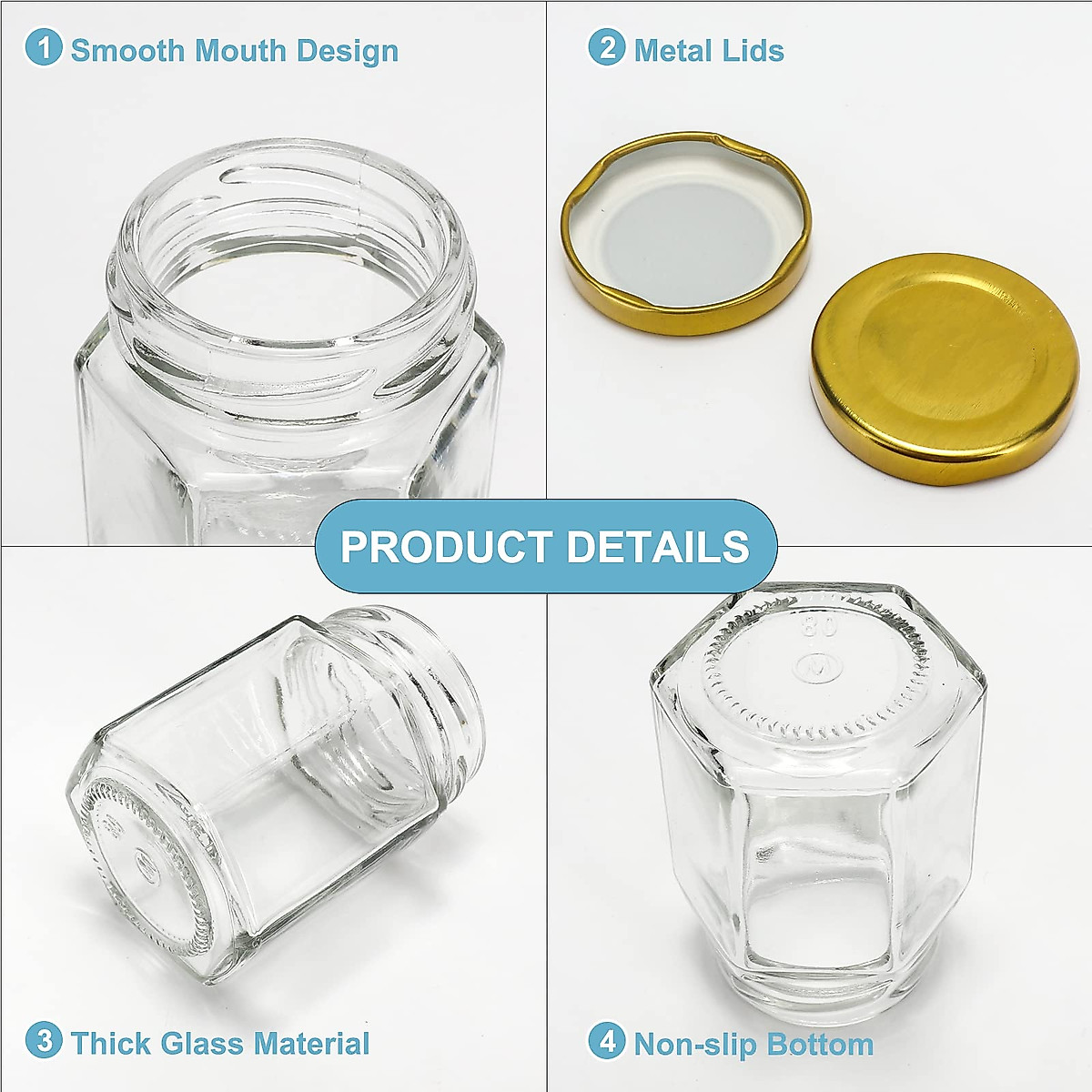 3 oz Hexagon Glass Jars with Gold Lids, 30 Pack Honey Jars Canning Jars Small Spice Jars for Jelly, Herb, Jams, Candy, Wedding Favors, Includes Labels and Pen