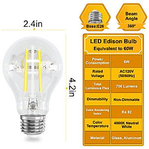 ORALUCE LED Edison Light Bulb 60 Watt Equivalent E26, Vintage Clear Light Bulbs 6W 4000K Neutral White 700 Lumen, A19 LED Filament for Ceiling Light Fixture, Non-dimmable, 6 Pack
