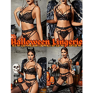 Avidlove Women's Exotic Lingerie Sets with Garter Belts Lace Bra and Panty Sexy Two Piece Negligee,Black,M