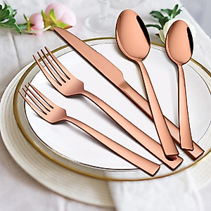 Homikit 46-Piece Copper Silverware Set with Serving Utensils, Stainless Steel Square Flatware Cutlery Set for 8, Modern Home Restaurant Hotel Eating Utensils, Include Fork Spoon Knife, Dishwasher Safe