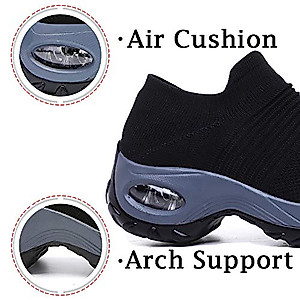 K&T Womens Cushion Walking Shoes Sock Sneakers Tennis Shoes Mesh Slip On Loafers Lightweight Fashion Nursing Girls Wedge Platform Dance Shoes, Black, 7 M US